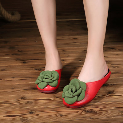 S329 2020 Summer New Ladies Sandals Flower Slippers First Layer Cowhide Leather Ethnic Style Slippers