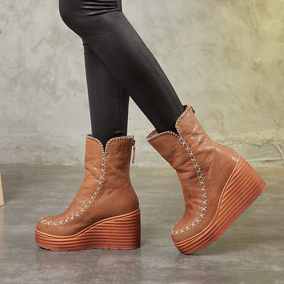 S330 Autumn And Winter New Martin Boots Retro Leather Waterproof Platform High-Heel Zipper Fashion Women'S Boots