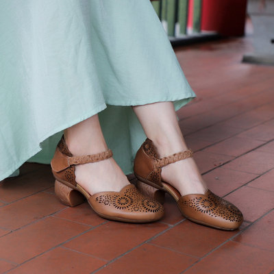 S333 Retro Ethnic Style Forest Style Pastoral Style Literary Single Shoes Hollow Leather Handmade High-Heeled Women'S Sh