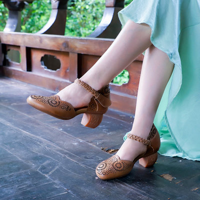 S333 Retro Ethnic Style Forest Style Pastoral Style Literary Single Shoes Hollow Leather Handmade High-Heeled Women'S Sh
