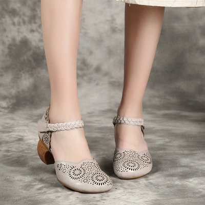 S333 Retro Ethnic Style Forest Style Pastoral Style Literary Single Shoes Hollow Leather Handmade High-Heeled Women'S Sh