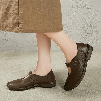 S334 Round-Toe Flat-Bottomed Comfortable Leather Shoes Retro Folk Style Art And Art All-Match Velcro Handmade Women'S Sh