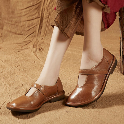S334 Round-Toe Flat-Bottomed Comfortable Leather Shoes Retro Folk Style Art And Art All-Match Velcro Handmade Women'S Sh