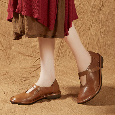 S334 Round-Toe Flat-Bottomed Comfortable Leather Shoes Retro Folk Style Art And Art All-Match Velcro Handmade Women'S Sh
