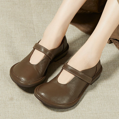 S334 Round-Toe Flat-Bottomed Comfortable Leather Shoes Retro Folk Style Art And Art All-Match Velcro Handmade Women'S Sh