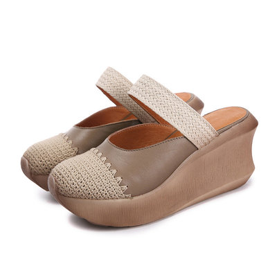 S335 Literature And Art Simple Leather Toe Cap Thick-Soled Thick Heel Sandals Ethnic Retro Hand-Woven Breathable Women'S