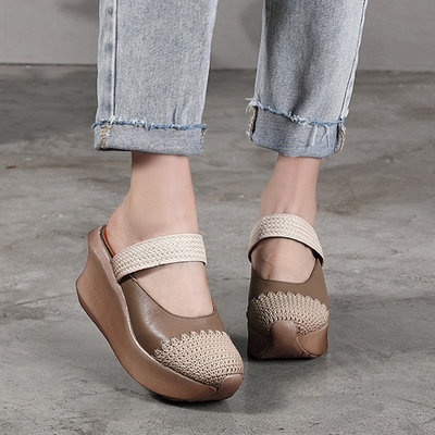 S335 Literature And Art Simple Leather Toe Cap Thick-Soled Thick Heel Sandals Ethnic Retro Hand-Woven Breathable Women'S
