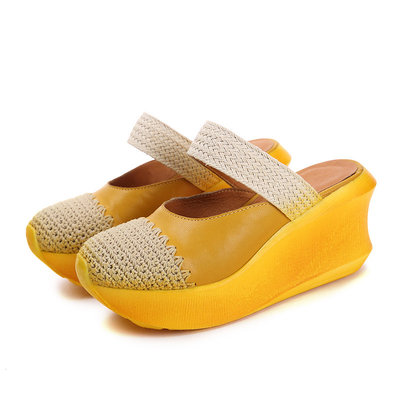 S335 Literature And Art Simple Leather Toe Cap Thick-Soled Thick Heel Sandals Ethnic Retro Hand-Woven Breathable Women'S