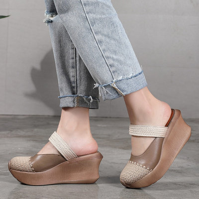 S335 Literature And Art Simple Leather Toe Cap Thick-Soled Thick Heel Sandals Ethnic Retro Hand-Woven Breathable Women'S