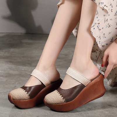 S335 Literature And Art Simple Leather Toe Cap Thick-Soled Thick Heel Sandals Ethnic Retro Hand-Woven Breathable Women'S