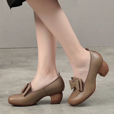 S336 Round Toe Thick-Heeled Leather Handmade High-Heeled Women'S Shoes Increased Ethnic Style Literary Bow Single Shoes