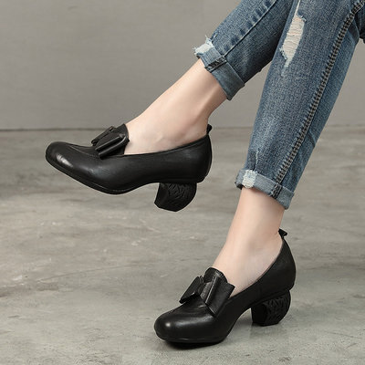 S336 Round Toe Thick-Heeled Leather Handmade High-Heeled Women'S Shoes Increased Ethnic Style Literary Bow Single Shoes