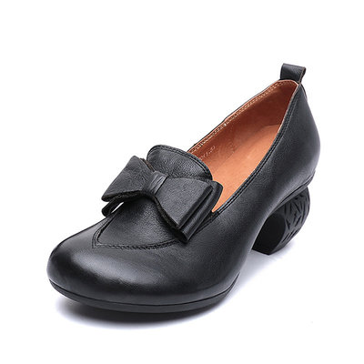 S336 Round Toe Thick-Heeled Leather Handmade High-Heeled Women'S Shoes Increased Ethnic Style Literary Bow Single Shoes