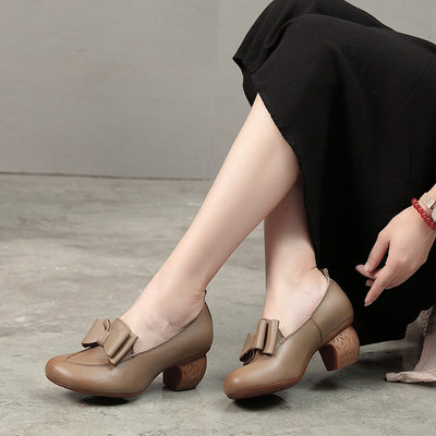 S336 Round Toe Thick-Heeled Leather Handmade High-Heeled Women'S Shoes Increased Ethnic Style Literary Bow Single Shoes