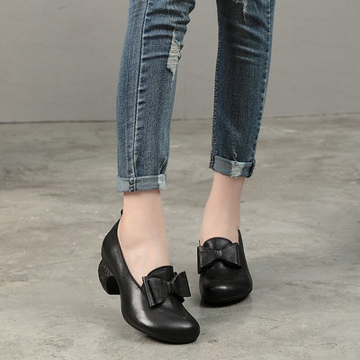 S336 Round Toe Thick-Heeled Leather Handmade High-Heeled Women'S Shoes Increased Ethnic Style Literary Bow Single Shoes