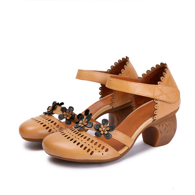S341 Spring Hollow Leather Flowers Fashion Simple Single Shoes Ethnic Retro High Heel All-Match Women'S Shoes Wholesale