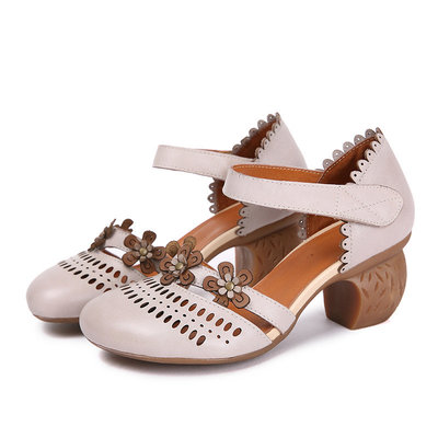 S341 Spring Hollow Leather Flowers Fashion Simple Single Shoes Ethnic Retro High Heel All-Match Women'S Shoes Wholesale