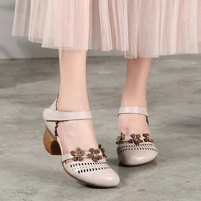 S341 Spring Hollow Leather Flowers Fashion Simple Single Shoes Ethnic Retro High Heel All-Match Women'S Shoes Wholesale