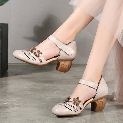 S341 Spring Hollow Leather Flowers Fashion Simple Single Shoes Ethnic Retro High Heel All-Match Women'S Shoes Wholesale