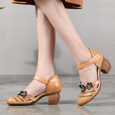 S341 Spring Hollow Leather Flowers Fashion Simple Single Shoes Ethnic Retro High Heel All-Match Women'S Shoes Wholesale