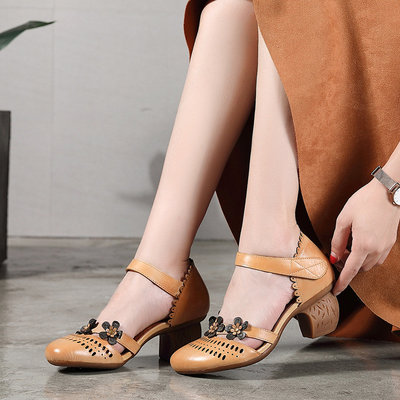 S341 Spring Hollow Leather Flowers Fashion Simple Single Shoes Ethnic Retro High Heel All-Match Women'S Shoes Wholesale