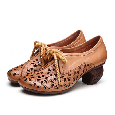 S342 Women'S Shoes Spring And Summer Hot Style Leather Round Toe Lace Women'S Shoes Mid-Heel Single Shoes Original Handm
