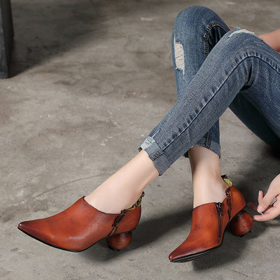 S345 New Pointed Fashion All-Match High Heels Handmade Ethnic Style Retro Leather Women'S Shoes Manufacturers