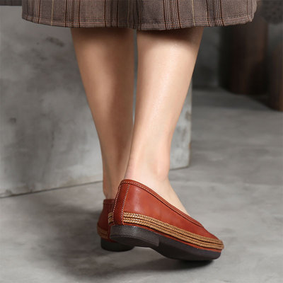 S347 Women'S Shoes Leather Retro Women'S Shoes Woven Shallow Mouth Flat Shoes Women'S Autumn And Winter Factory Direct S