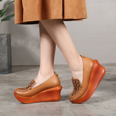 S348 Women'S Shoes Autumn Leather Retro Women'S Shoes Woven Shallow Mouth Flat Shoes Women'S Autumn And Winter Factory D