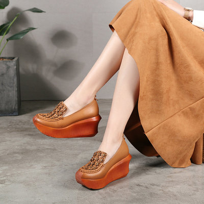 S348 Women'S Shoes Autumn Leather Retro Women'S Shoes Woven Shallow Mouth Flat Shoes Women'S Autumn And Winter Factory D