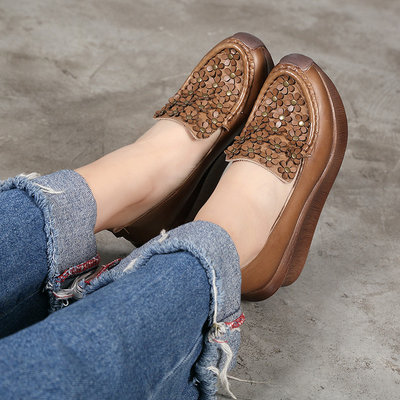 S348 Women'S Shoes Autumn Leather Retro Women'S Shoes Woven Shallow Mouth Flat Shoes Women'S Autumn And Winter Factory D