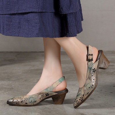 S350 Handmade Gradient Color Leather Square Heel Fashion All-Match Women'S Shoes Elegant Little Fairy Pointed Leather Sh