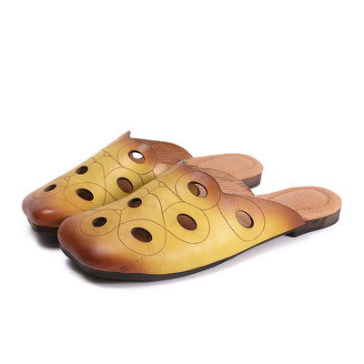 S351 Factory New Retro Gradient Color Leather Flat Sandals And Slippers Handmade Hollow Slippers Literary Women'S Shoes