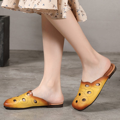 S351 Factory New Retro Gradient Color Leather Flat Sandals And Slippers Handmade Hollow Slippers Literary Women'S Shoes
