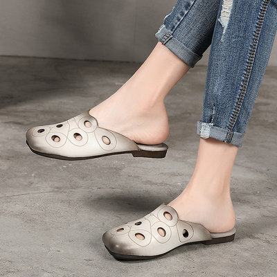 S351 Factory New Retro Gradient Color Leather Flat Sandals And Slippers Handmade Hollow Slippers Literary Women'S Shoes