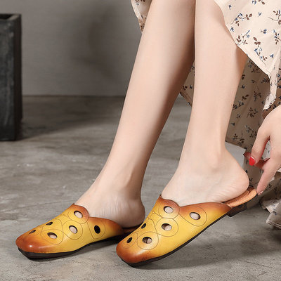 S351 Factory New Retro Gradient Color Leather Flat Sandals And Slippers Handmade Hollow Slippers Literary Women'S Shoes