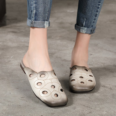 S351 Factory New Retro Gradient Color Leather Flat Sandals And Slippers Handmade Hollow Slippers Literary Women'S Shoes