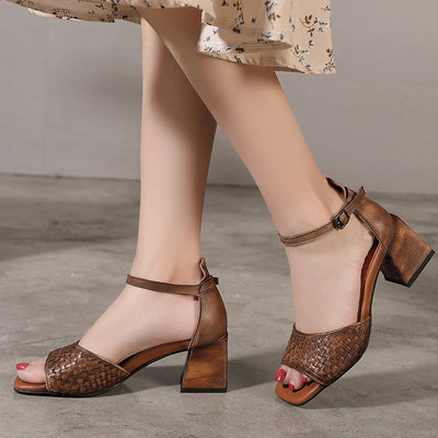 S352 Genuine Leather Breathable Open Toe High Heels Retro Woven Pattern Fashion All-Match Thick-Heeled Women'S Shoes
