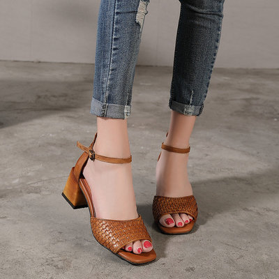 S352 Genuine Leather Breathable Open Toe High Heels Retro Woven Pattern Fashion All-Match Thick-Heeled Women'S Shoes