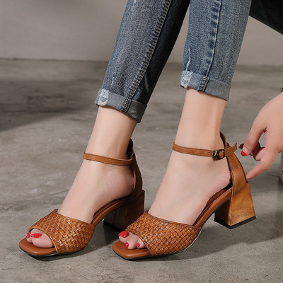 S352 Genuine Leather Breathable Open Toe High Heels Retro Woven Pattern Fashion All-Match Thick-Heeled Women'S Shoes