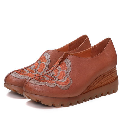 S359 Spring Wedge Heel Leather Thick Bottom Round Cap Foot Women'S Single Shoes Handmade Embroidery Ethnic Style Women