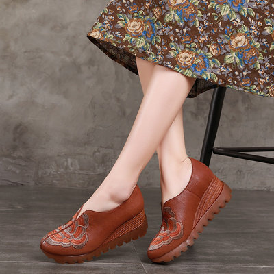 S359 Spring Wedge Heel Leather Thick Bottom Round Cap Foot Women'S Single Shoes Handmade Embroidery Ethnic Style Women