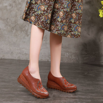 S359 Spring Wedge Heel Leather Thick Bottom Round Cap Foot Women'S Single Shoes Handmade Embroidery Ethnic Style Women
