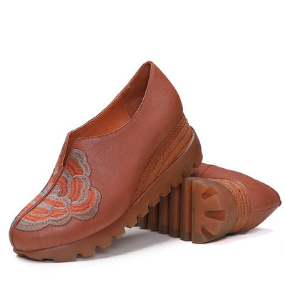 S359 Spring Wedge Heel Leather Thick Bottom Round Cap Foot Women'S Single Shoes Handmade Embroidery Ethnic Style Women