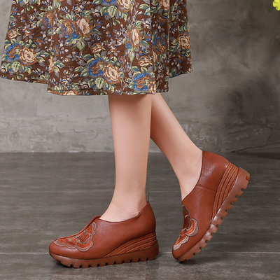 S359 Spring Wedge Heel Leather Thick Bottom Round Cap Foot Women'S Single Shoes Handmade Embroidery Ethnic Style Women