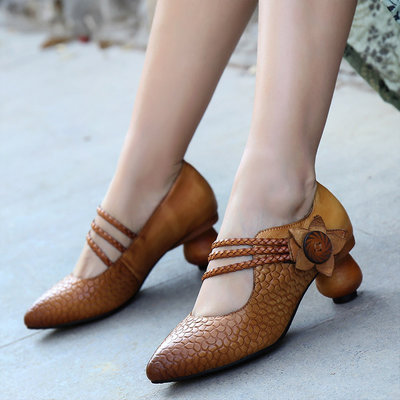 S360 Fashion All-Match Pointed Cowhide Single Shoes Spring Retro Ethnic Style High-Heeled Flower Women'S Shoes