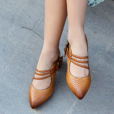 S360 Fashion All-Match Pointed Cowhide Single Shoes Spring Retro Ethnic Style High-Heeled Flower Women'S Shoes