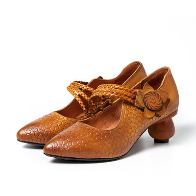 S360 Fashion All-Match Pointed Cowhide Single Shoes Spring Retro Ethnic Style High-Heeled Flower Women'S Shoes