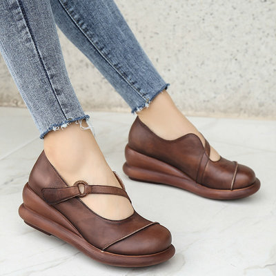 S361Spring New Thick-Soled Cowhide Round-Toe Women'S Shoes Ethnic Style Retro Platform Shoes Single Shoe Factory Wholesa