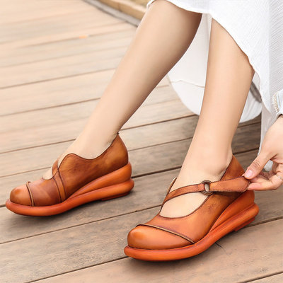S361Spring New Thick-Soled Cowhide Round-Toe Women'S Shoes Ethnic Style Retro Platform Shoes Single Shoe Factory Wholesa